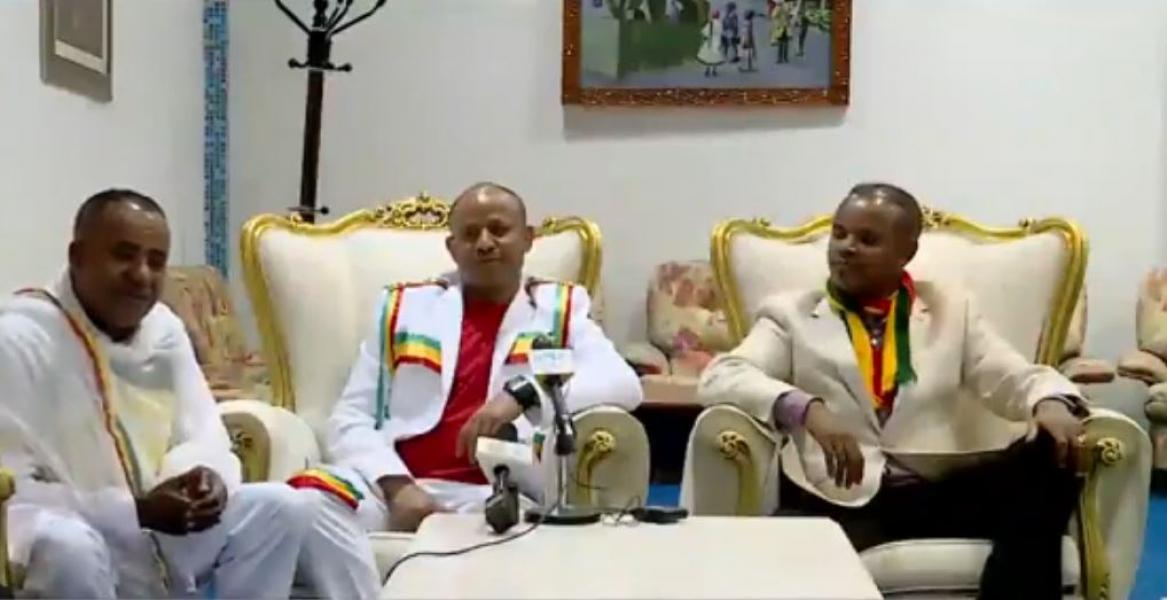 Welcoming ceremony for Yehune Belay, Shambel Belayneh and Mehari Degefaw